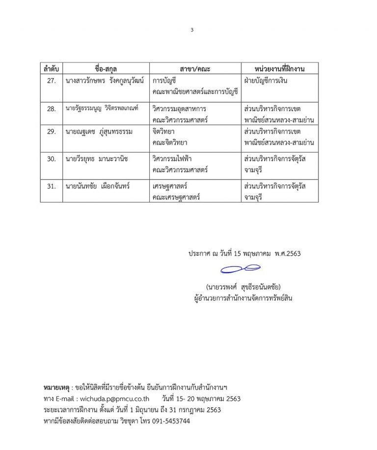 ประกาศรายชื่อนิสิตที่ผ่านการคัดเลือกฝึกทำงานจากบ้าน (Work From Home) โครงการ PMCU Internship ...